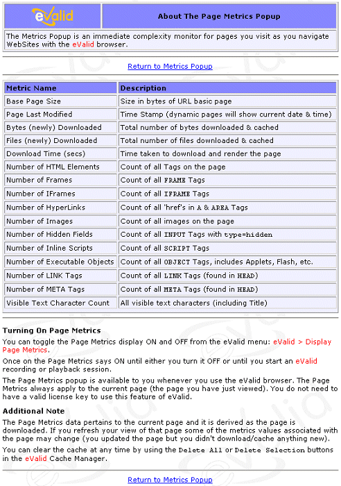 eValid -- Metrics Popup Definitions