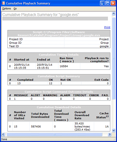 eValid -- Playback Summary Reports