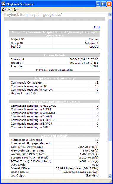 eValid -- Playback Summary Reports