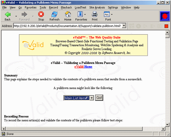 eValid -- Validating a Pulldown Menu Passage