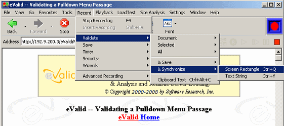 eValid -- Validating a Pulldown Menu Passage