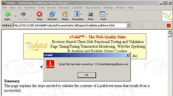 eValid -- Validating a Pulldown Menu Passage