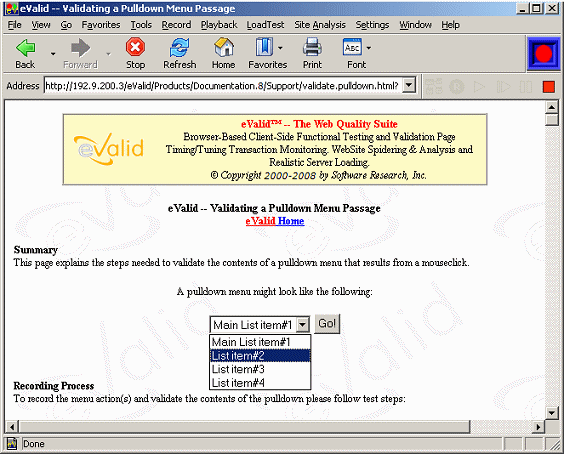 eValid -- Validating a Pulldown Menu Passage
