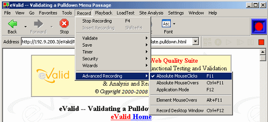 eValid -- Validating a Pulldown Menu Passage