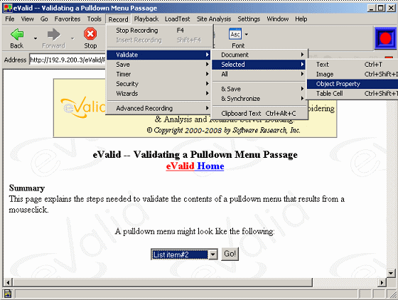 eValid -- Validating a Pulldown Menu Passage
